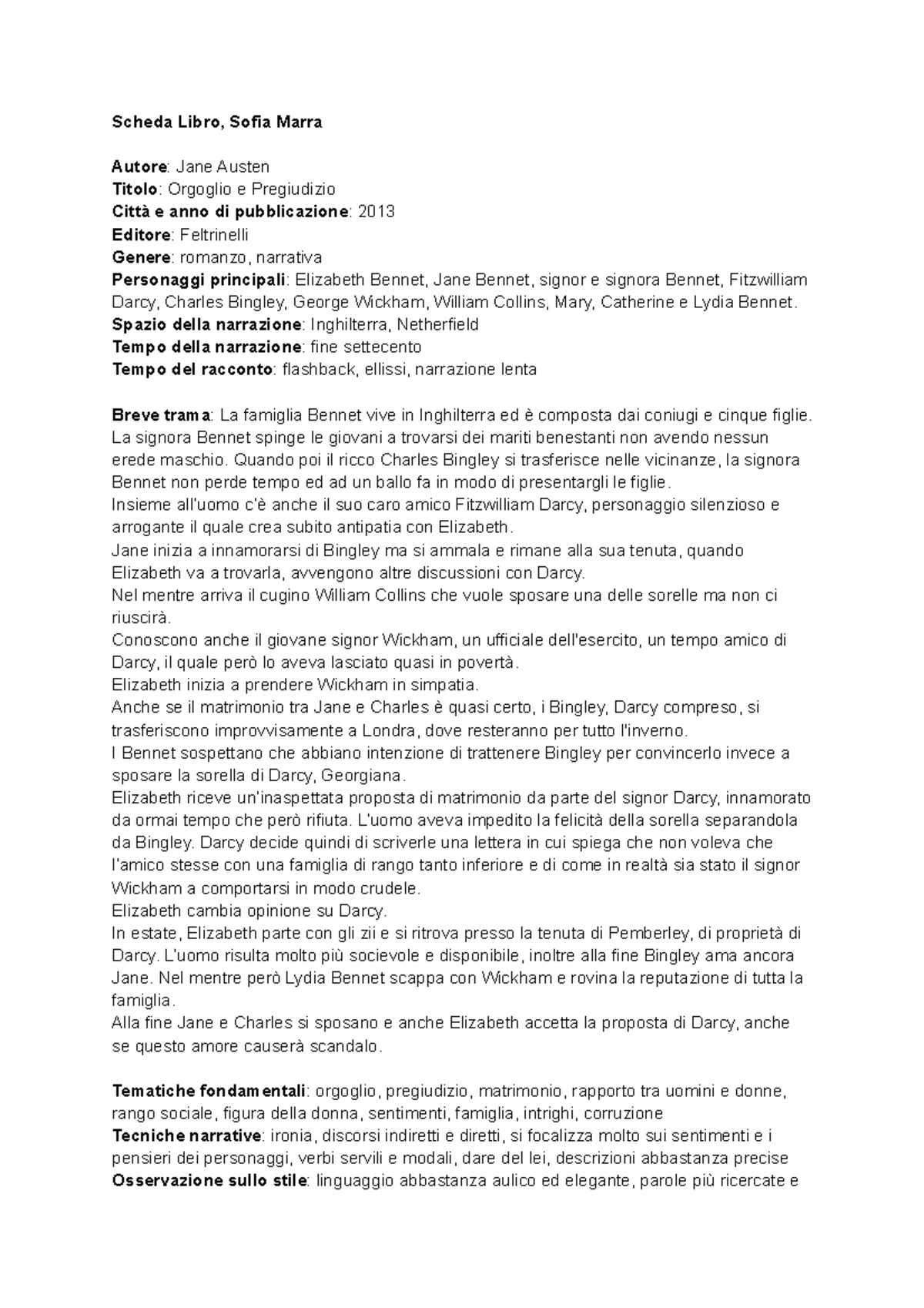 Scheda libro orgoglio e pregiudizio - Scheda Libro, Sofia Marra Autore ...