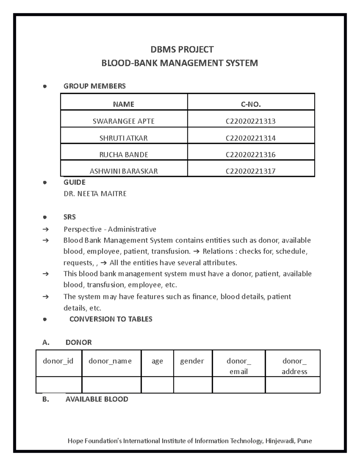 DBMS mini project - BE ENTC - DBMS PROJECT BLOOD-BANK MANAGEMENT SYSTEM ...