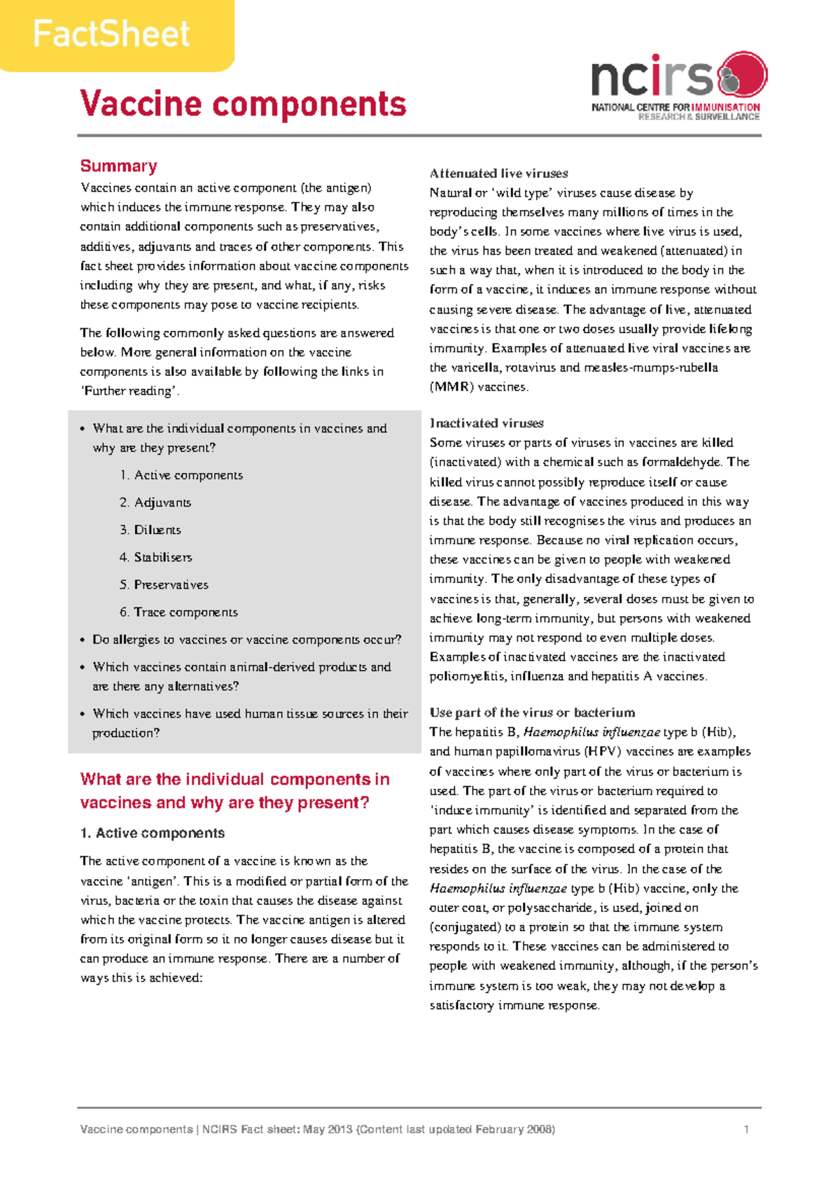 Vaccine components fact sheet - Vaccine components Summary Vaccines ...