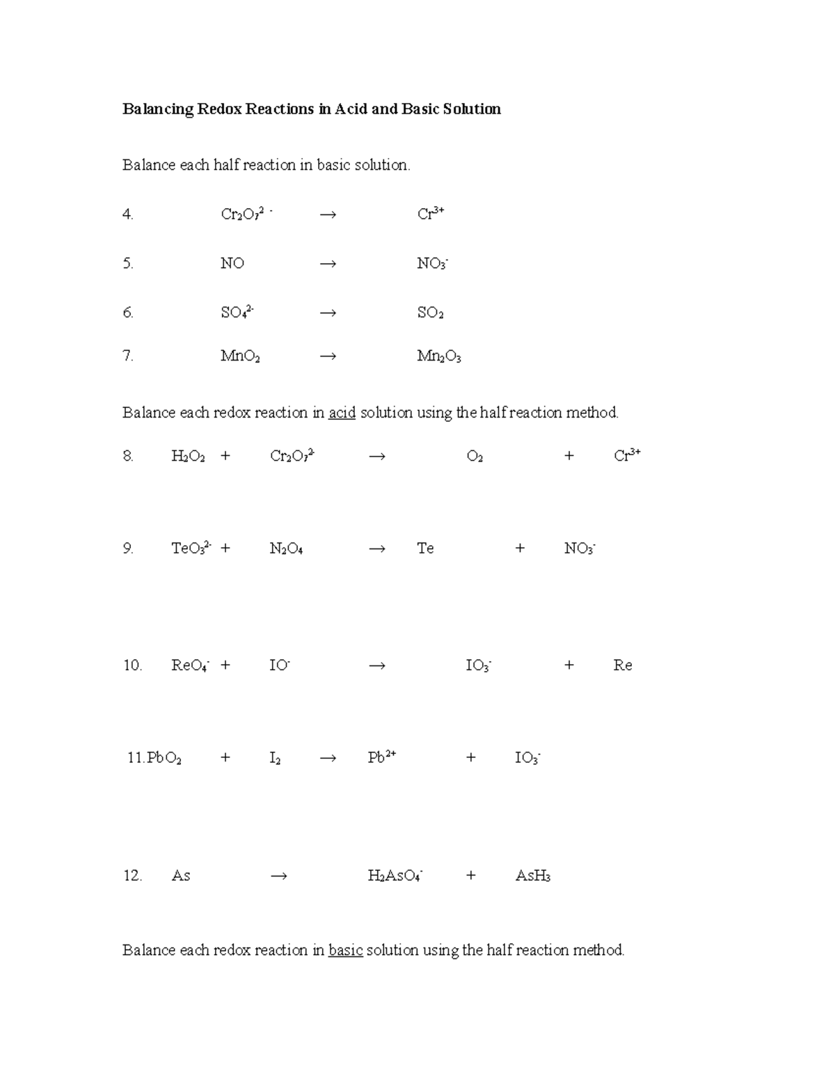 Balancing by half reaction worksheet - Balancing Redox Reactions in ...