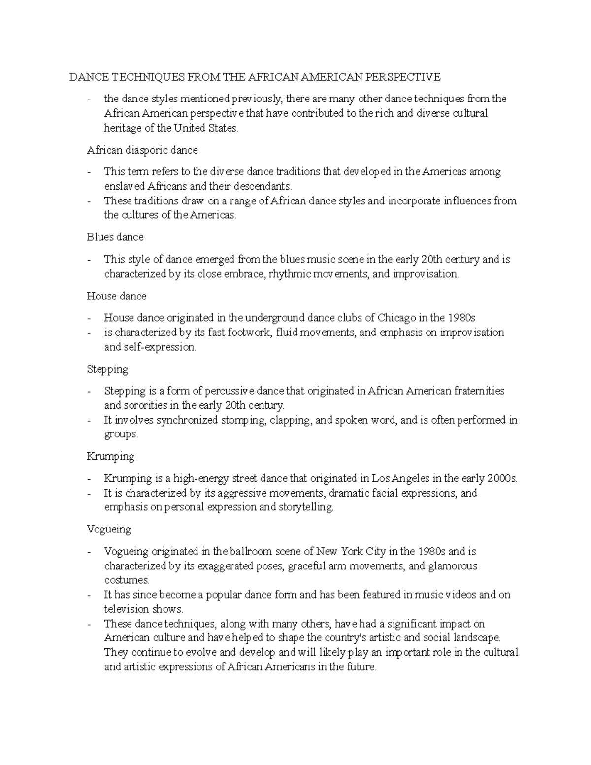 Dance Techniques FROM THE African American Perspective Notes 1 - DANCE ...