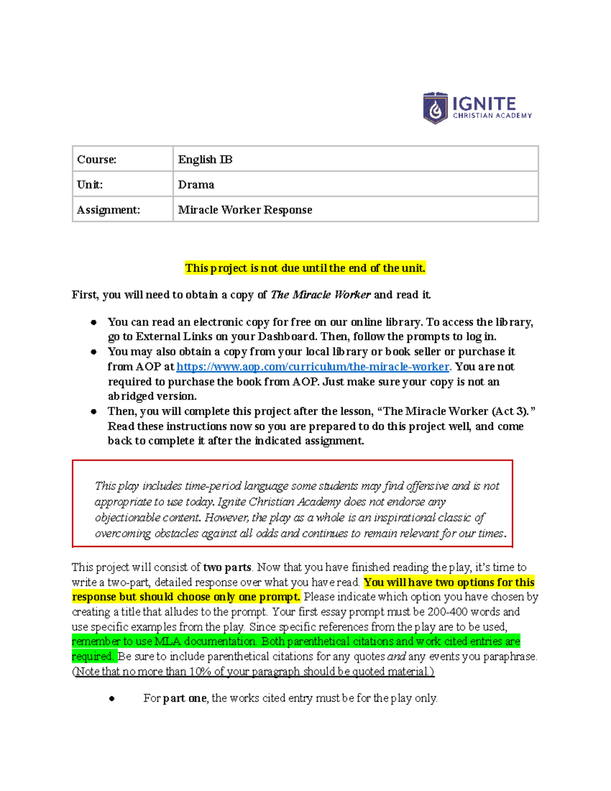 Copy of Tupita-L908 Miracle Worker Response-2 - Course: English IB Unit ...