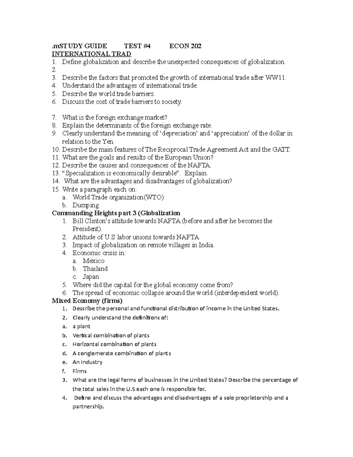 Trade - Lecture notes - .mSTUDY GUIDE TEST #4 ECON 202 INTERNATIONAL ...