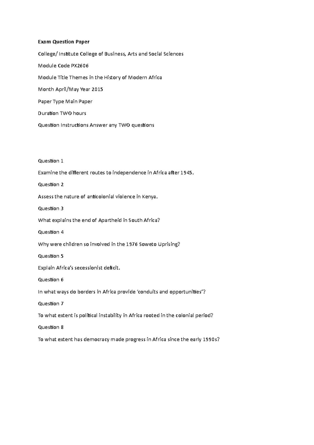 Exam 2015 Themes in the History of Modern Africa - Exam Question Paper ...