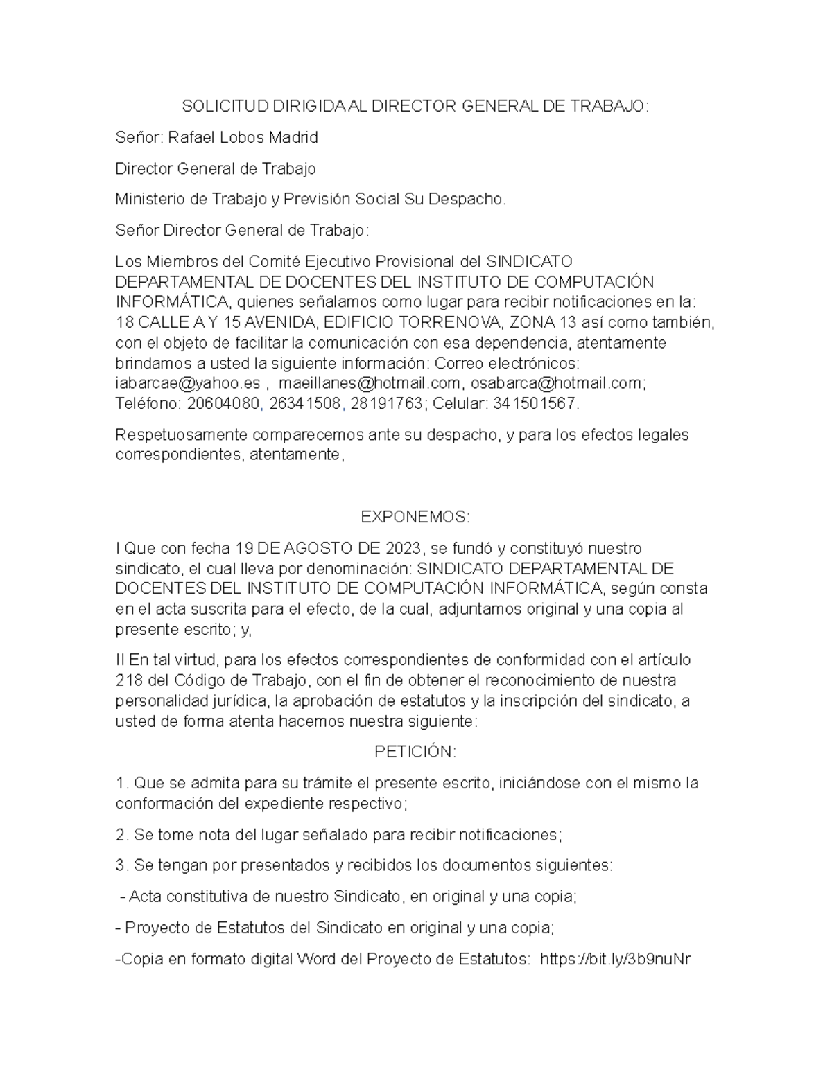 Solicitud Dirigida AL Director General DE Trabajo Sindicato - SOLICITUD DIRIGIDA AL DIRECTOR ...