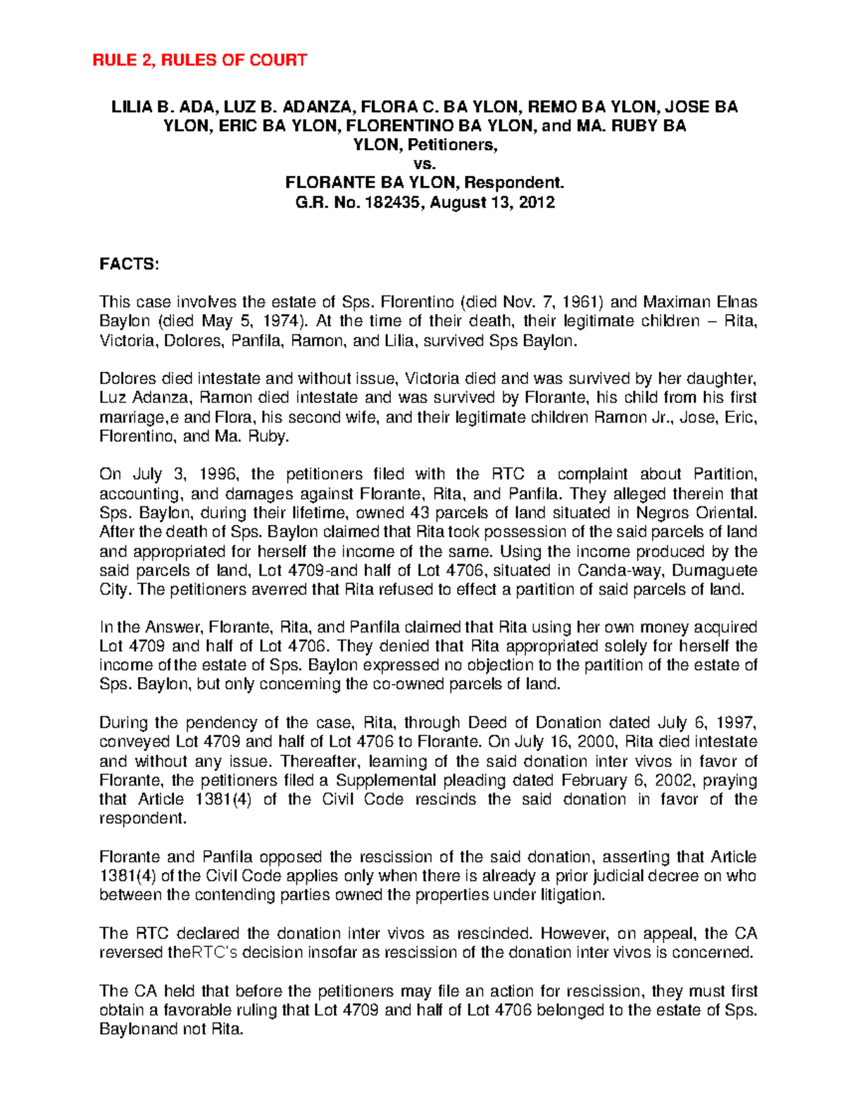 Lilia B. ADA v. Florante Baylon, G.R. No. 182435, August 13, 2012 ...