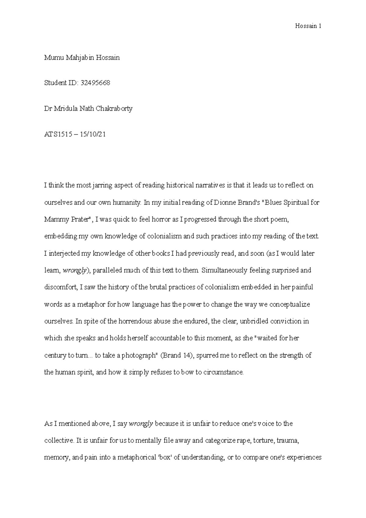 Dionne Brand's "Blues Spiritual for Mammy Prater" Reading Reflection ...