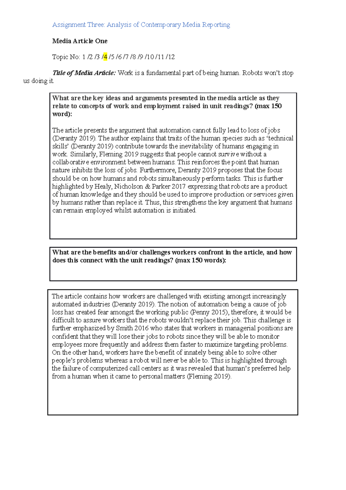 Assignment 3 - HD - Media Article One Topic No: 1 /2 /3 /4 /5 /6 /7 /8 ...