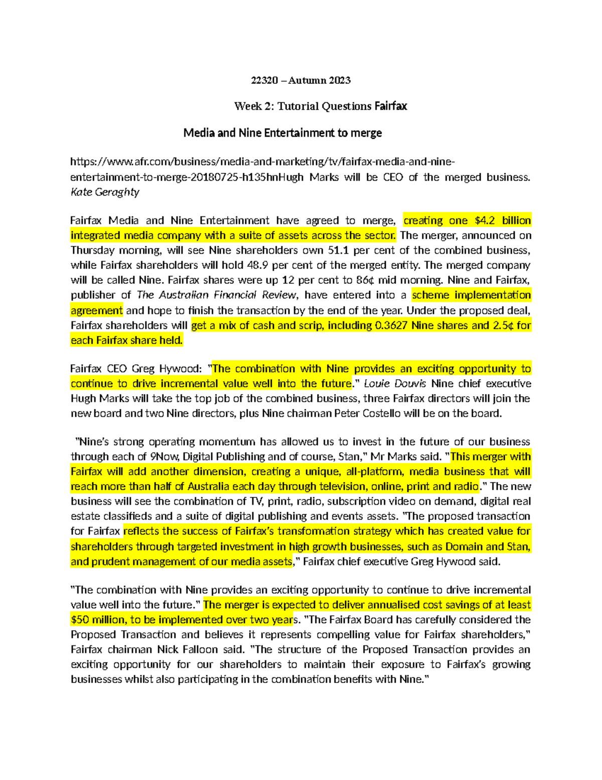 Tutorial Question Week 2 + reading - 22320 – Autumn 2023 Week 2 ...