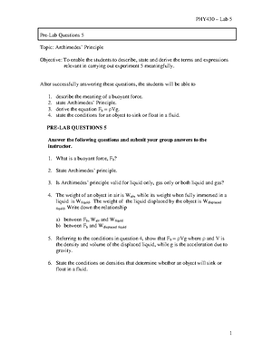 Expt 4- PHY430 PHY433 - Simple Pendulum - Pre-Lab Questions 4 Topic: Simple Pendulum Objective ...