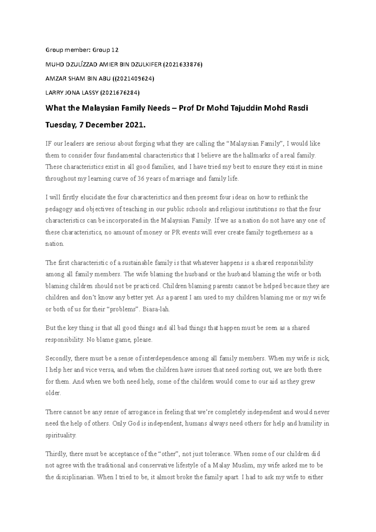 Written Article Draft - Lecture notes 1 - Group member: Group 12 MUHD ...