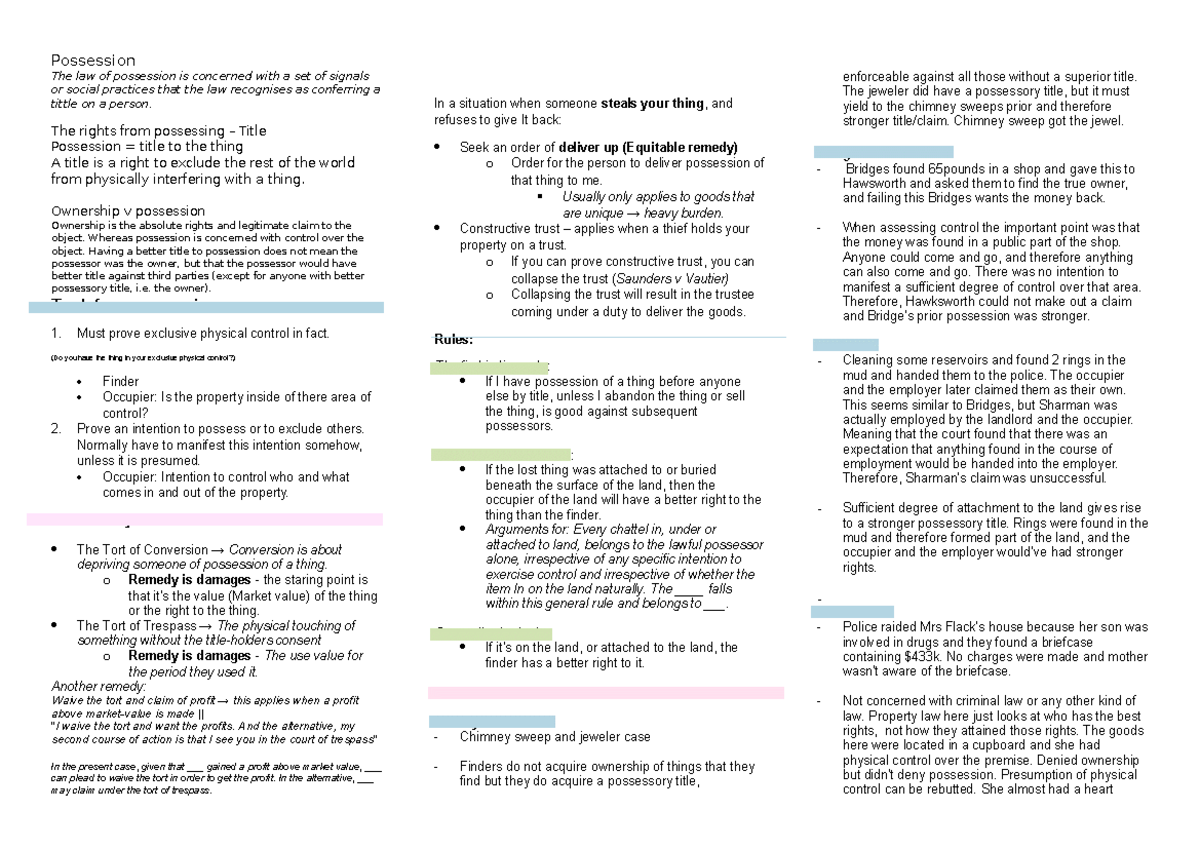 Possession Section - Possession The law of possession is concerned with ...