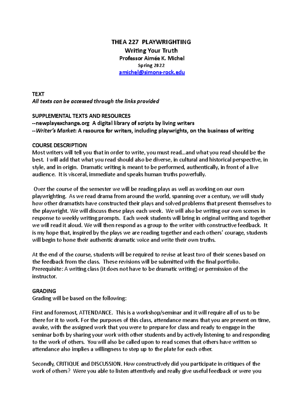 OSUN Playwrighting Syllabus Spring 2022 - THEA 227 PLAYWRIGHTING ...