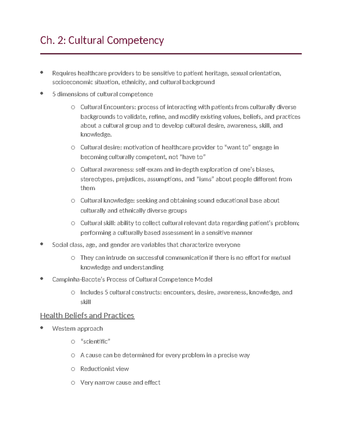 Ch 2 Notes Culture - Ch. 2: Cultural Competency Requires healthcare ...