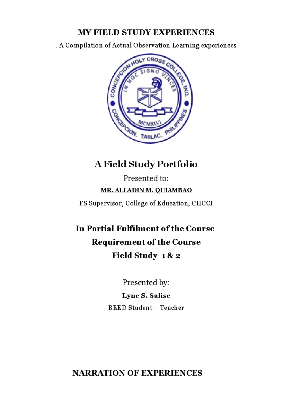 MY Field Study Experiences - MY FIELD STUDY EXPERIENCES . A Compilation ...
