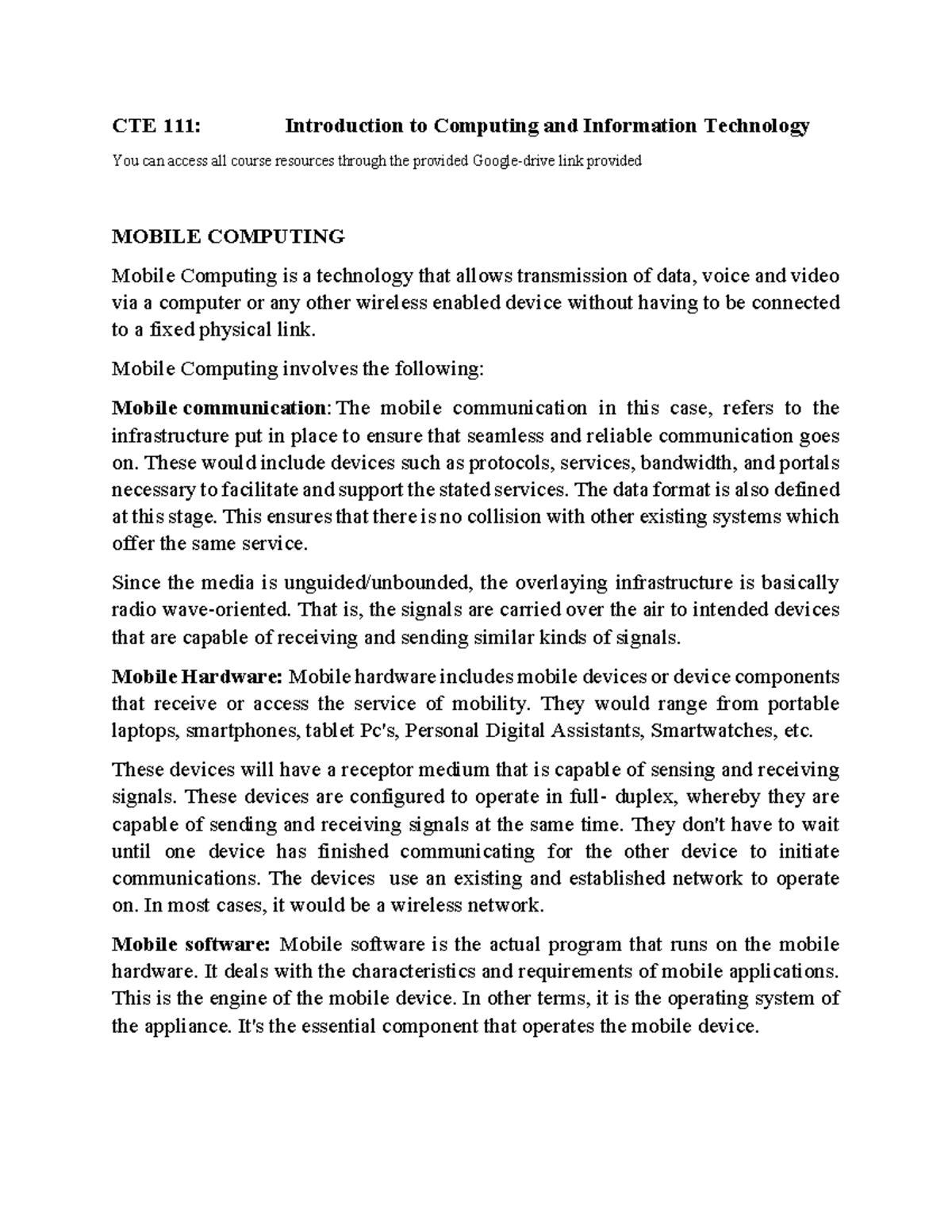 Cte 111 Mobile Com Cte 111 Introduction To Computing And Information Technology You Can