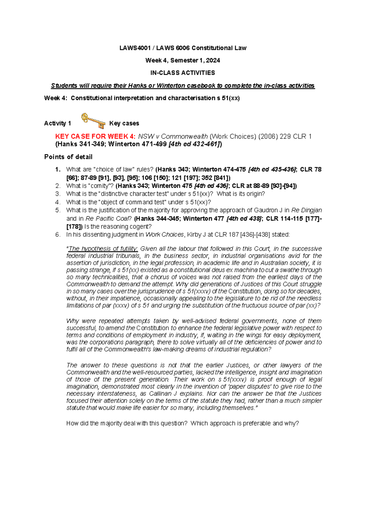 2024 Week 4 in class activities - LAWS4001 / LAWS 6006 Constitutional ...