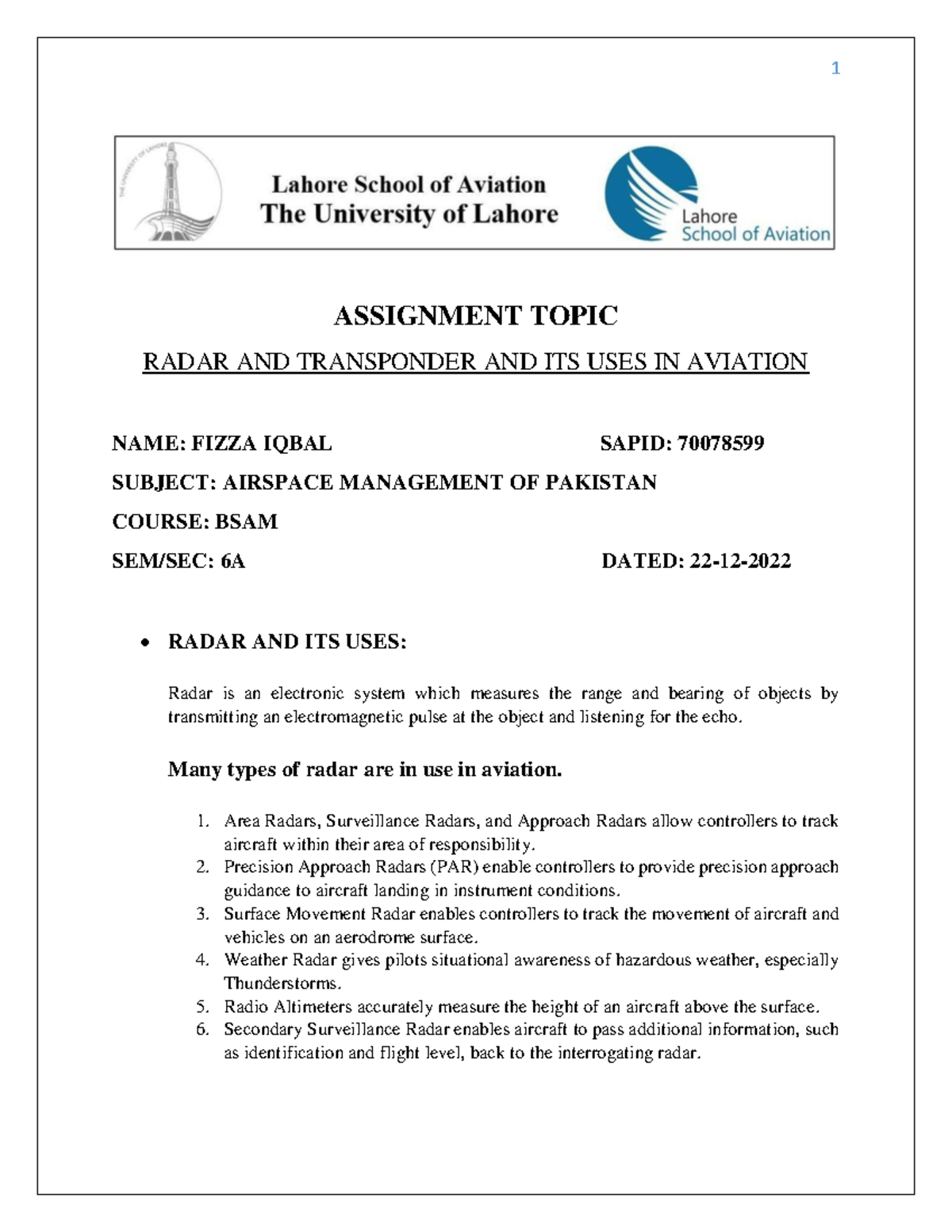 Asmfour - ASSIGNMENT TOPIC RADAR AND TRANSPONDER AND ITS USES IN ...