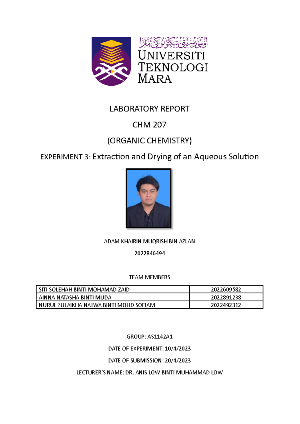 CHM 207 EXP 3 completed.docx - Google Docs - LABORATORY REPORT CHM 207 (ORGANIC CHEMISTRY) - Studocu