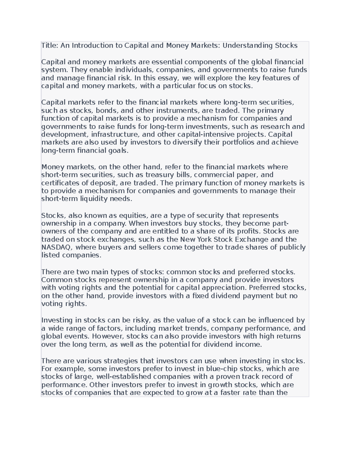 An Introduction to Capital and Money Markets - Understanding Stocks ...