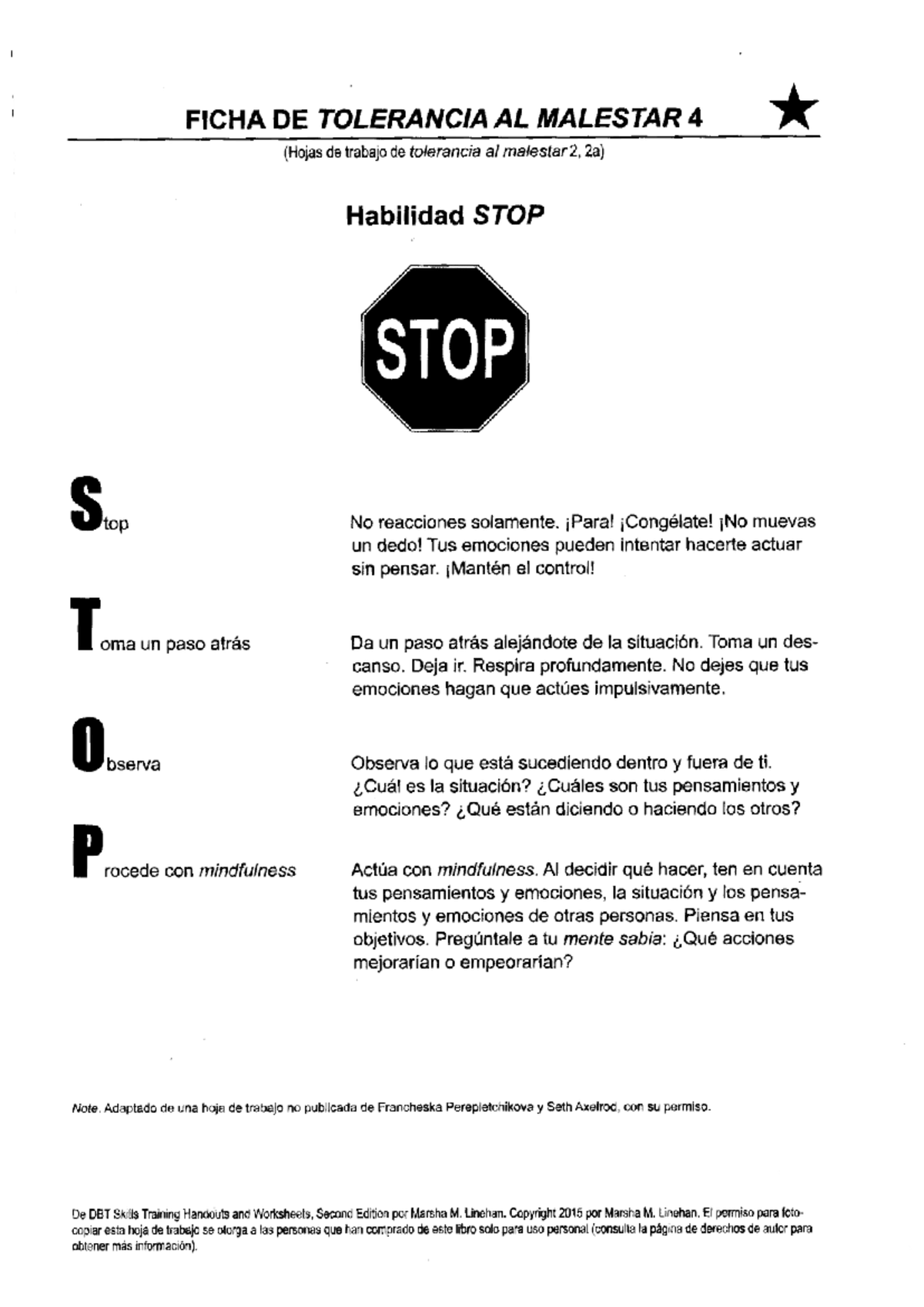 Ficha STOP - FICHA DE TOLERANCIA AL MALESTAR 4 (Hojas de trabajo de tolerancia al malestar 2, 2a ...