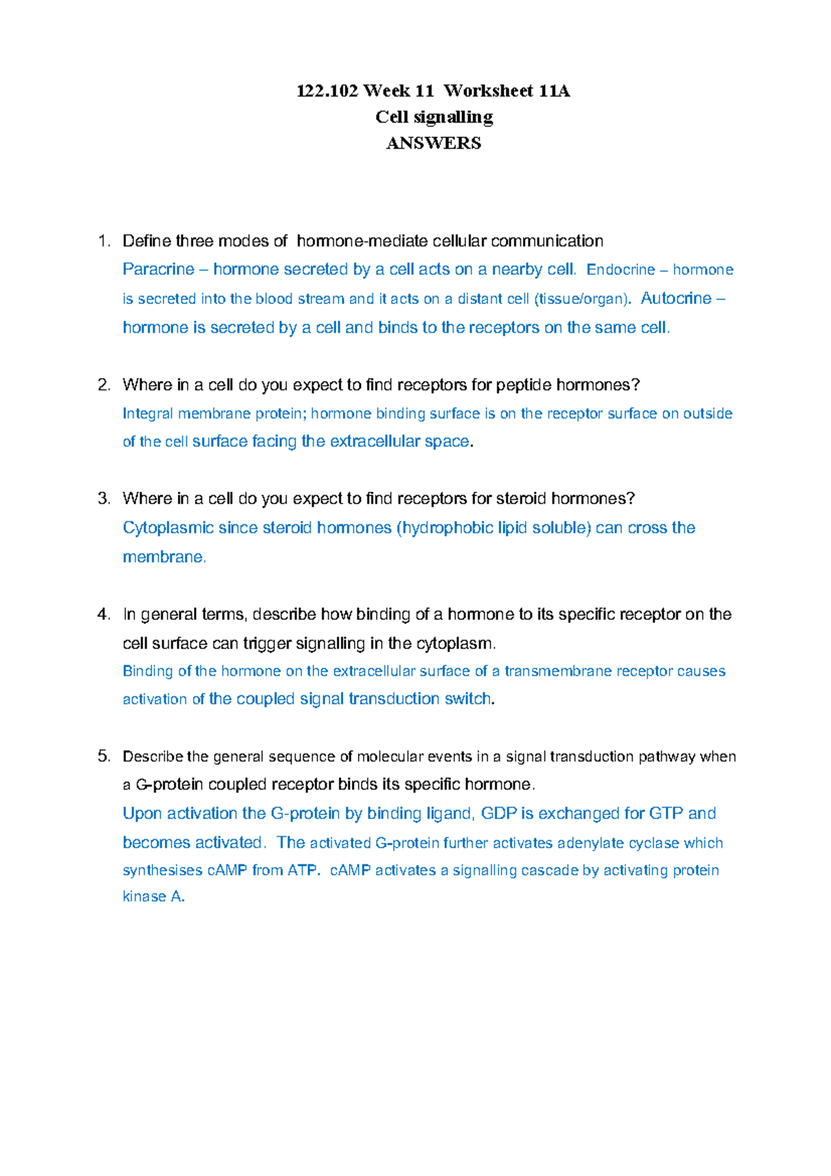 Week 11 Worksheet 11a Cell signalling Answers - 122 Week 11 Worksheet ...