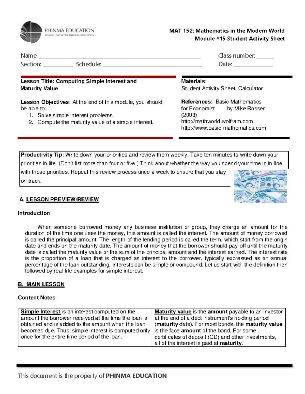 SAS15-MAT-152 Simple-Interest - Module #15 Student Activity Sheet Name ...