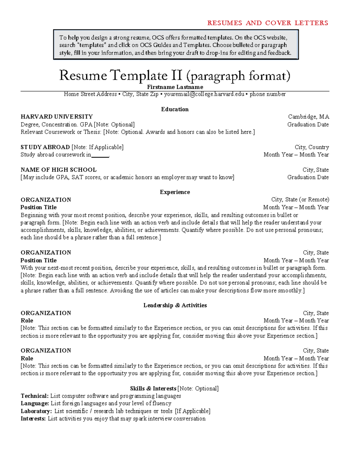 Resume template - City, State To help you design a strong resume, OCS ...
