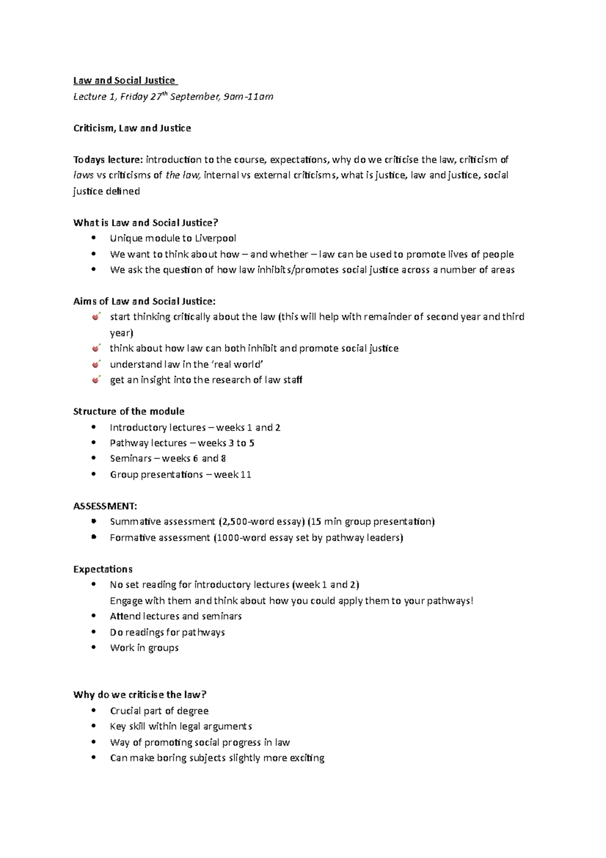 LSJ lecture 1 introductory - Law and Social Jusice Lecture 1, Friday ...