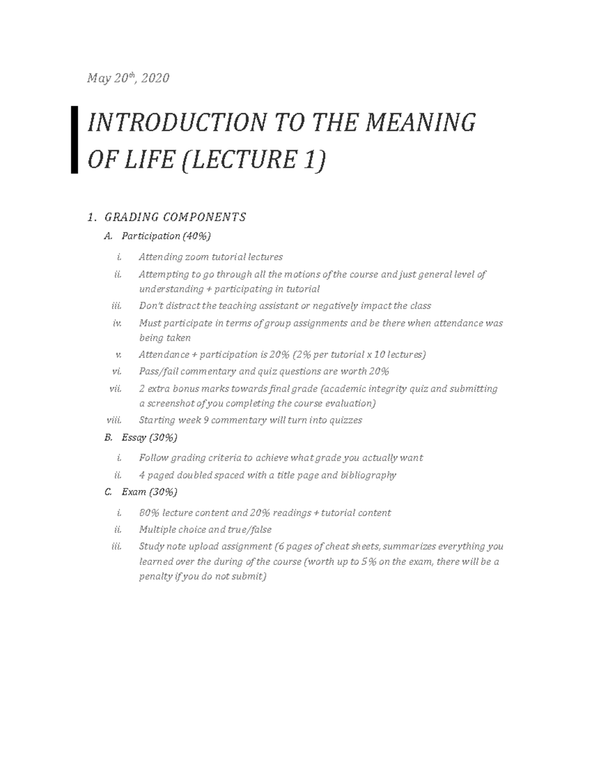 Lecture 1 Notes - May 20th, 2020 INTRODUCTION TO THE MEANING OF LIFE ...