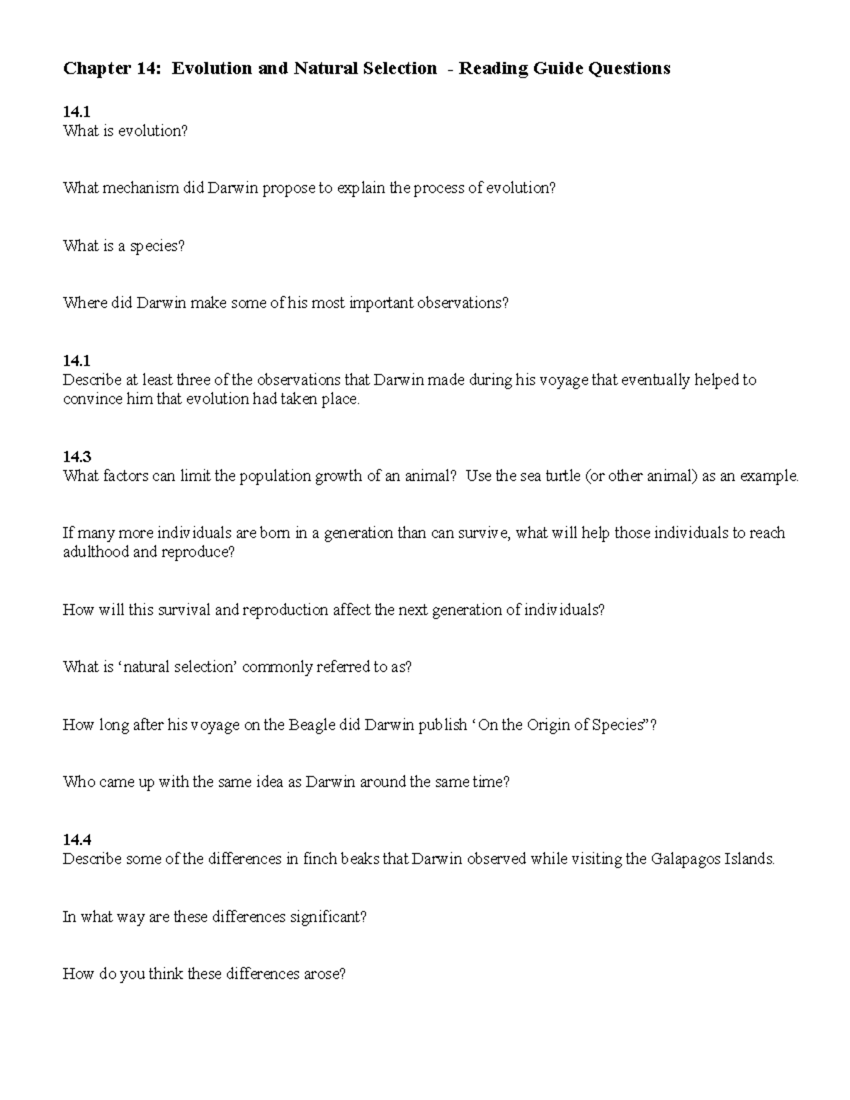 BIO 102 Midterm Study Guide - Comprehensive - Chapter 14: Evolution and Natural Selection ...