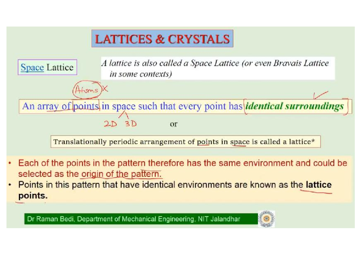 Chapter 1 msm - useful notes - LATTICES CRYSTALS Space Lattice A ...