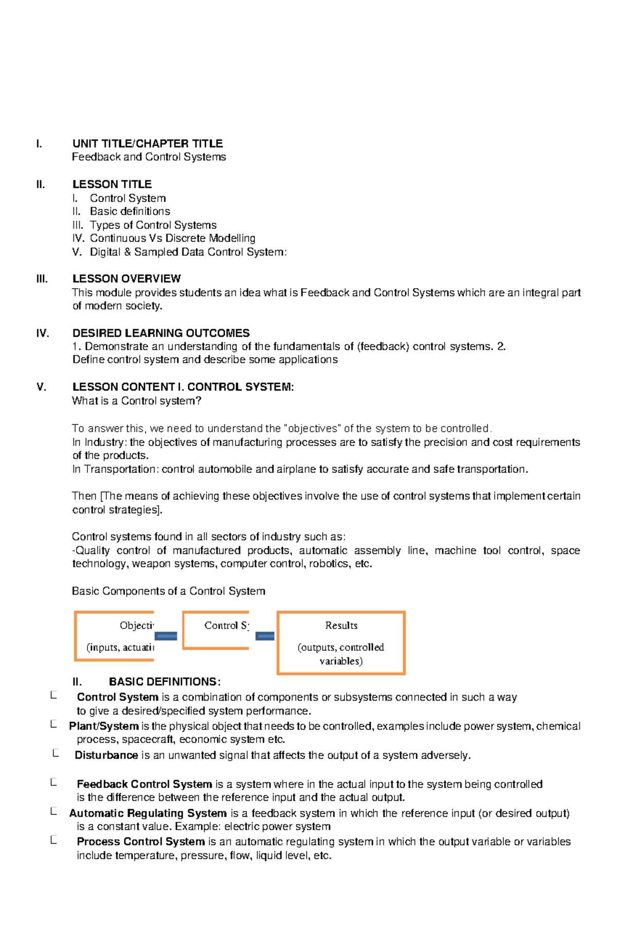 Feedback and Control System - Lesson 1 - I. UNIT TITLE/CHAPTER TITLE Feedback and Control ...