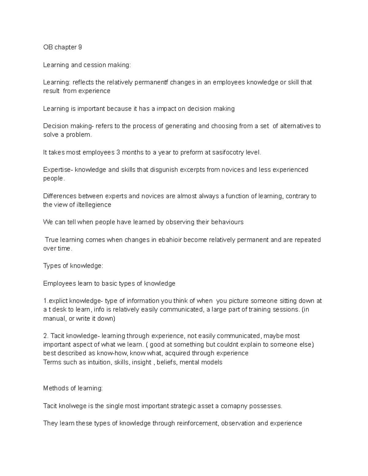 OB chapter 9 - lecture - OB chapter 9 Learning and cession making ...