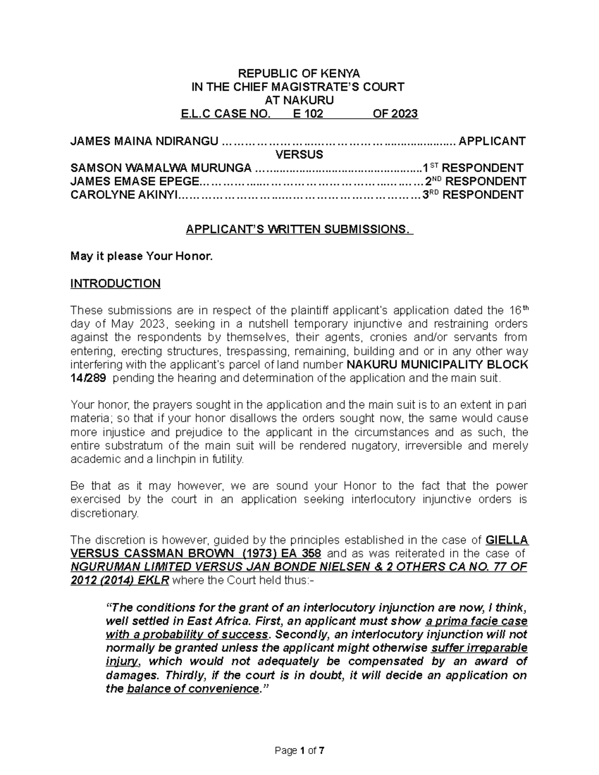 Written submissionns James Maina Ndirangu elc for Injunction 2 ...