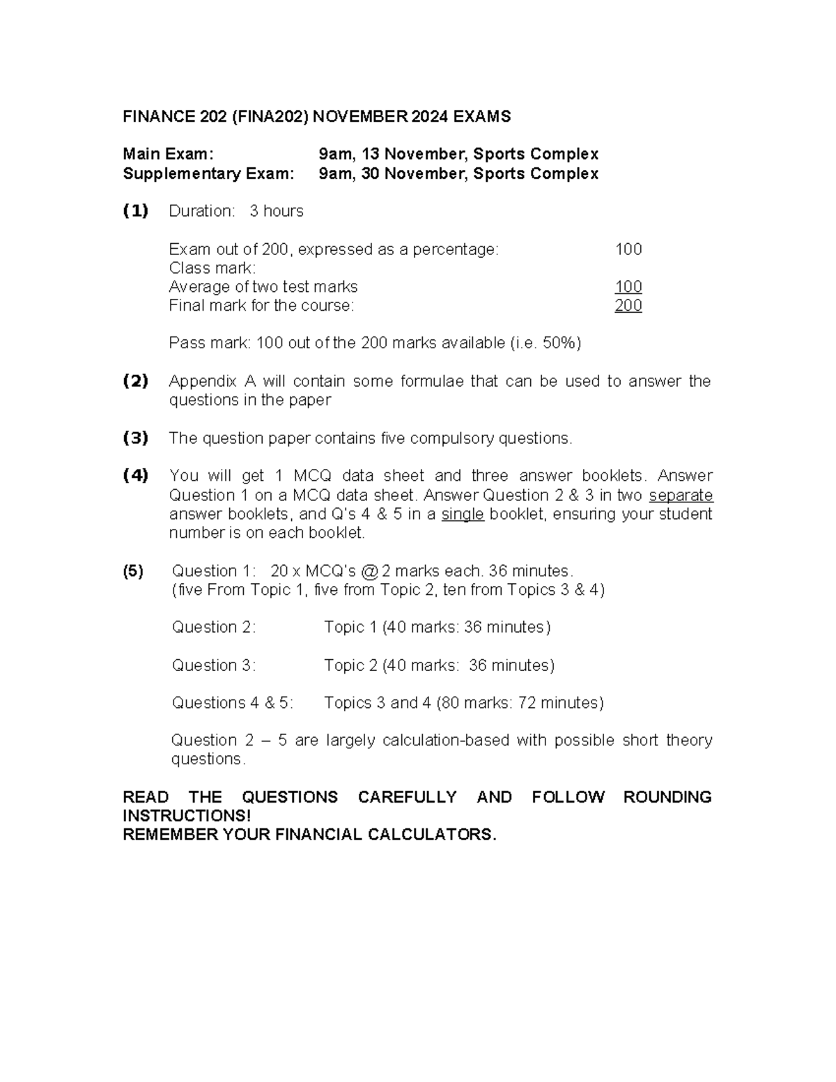 2024 FINA202 Main and Supp exam structure - FINANCE 202 (FINA202) NOVEMBER 2024 EXAMS Main Exam ...