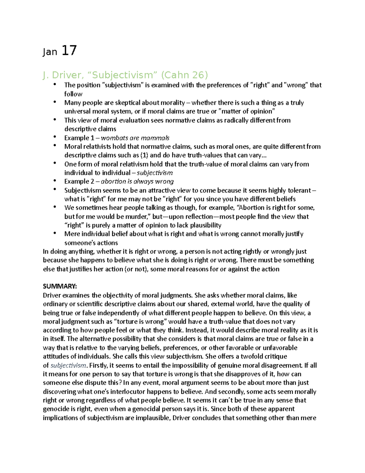 Values + Society Readings Notes - Jan 17 J. Driver, “Subjectivism ...