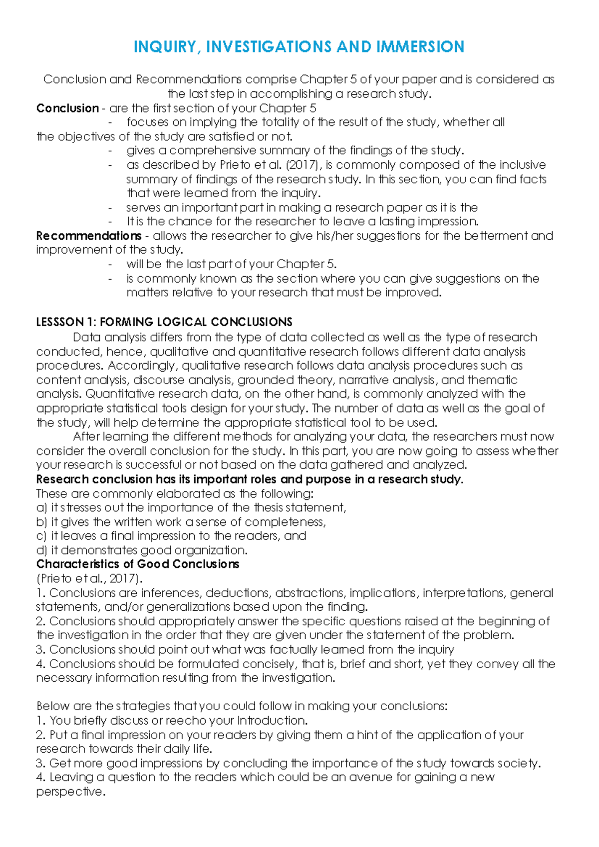 Inquiry hand-outs - INQUIRY, INVESTIGATIONS AND IMMERSION Conclusion ...