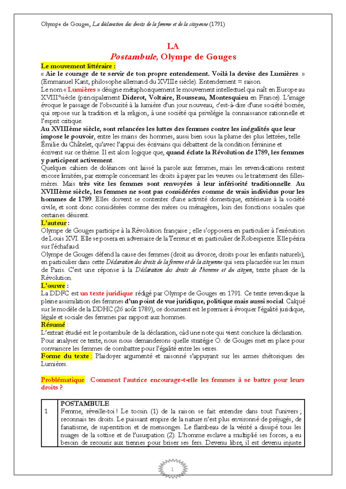 Correction texte 3 Postambule DDFC - LA Postambule, Olympe de Gouges Le ...