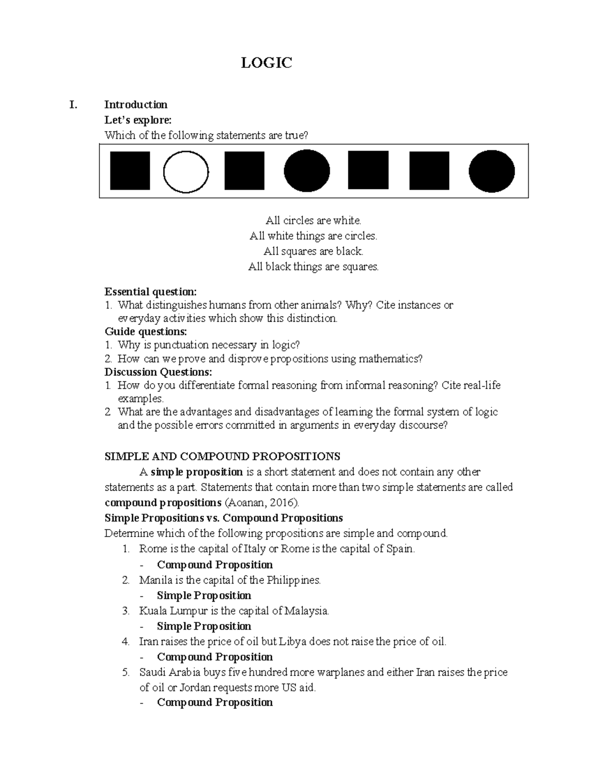 Logic - LOGIC I. Introduction Let’s explore: Which of the following ...