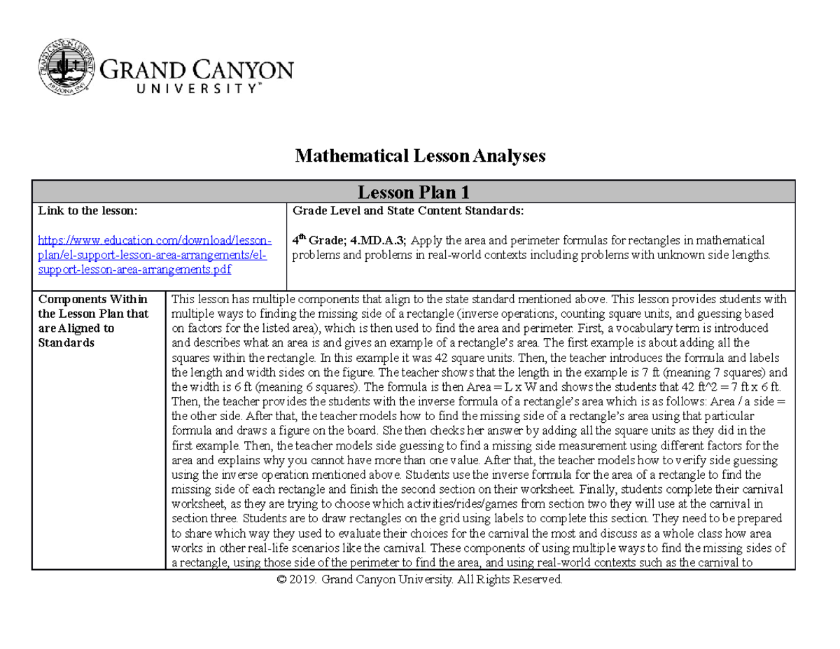 Mathematical Lesson Analysis - Mathematical Lesson Analyses Lesson Plan ...