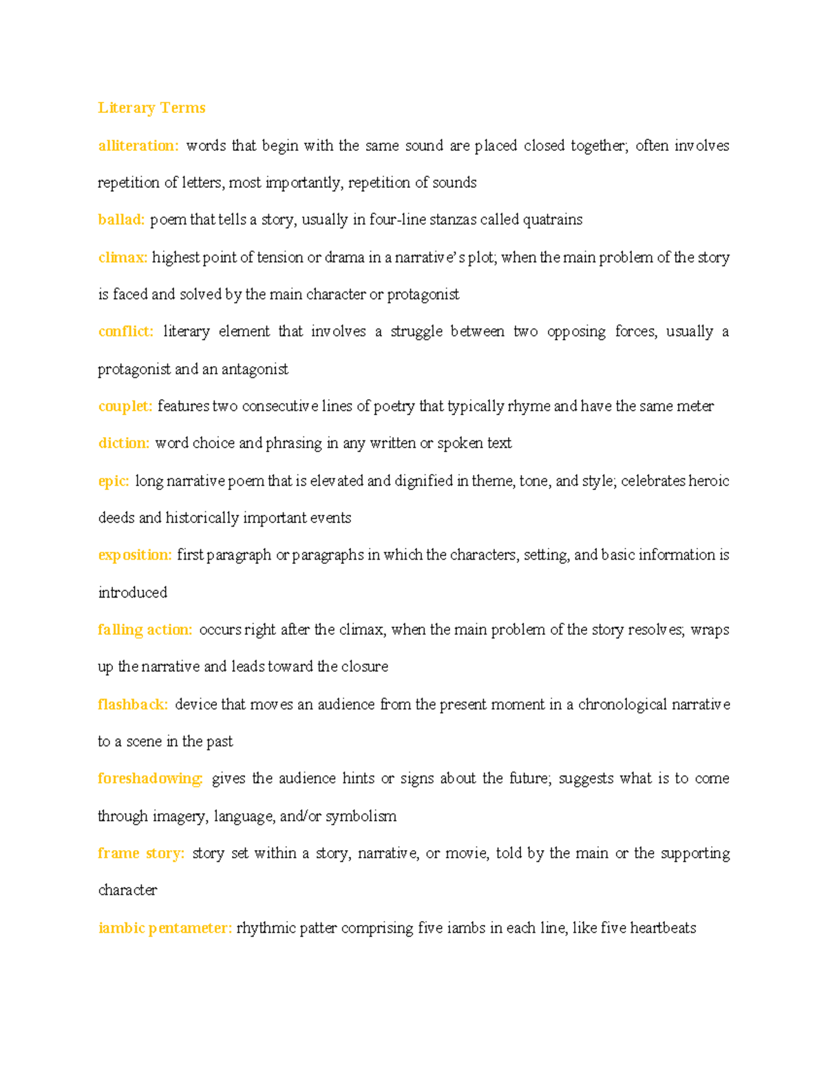 Honors British Literature Midterm Literary Terms - Literary Terms ...