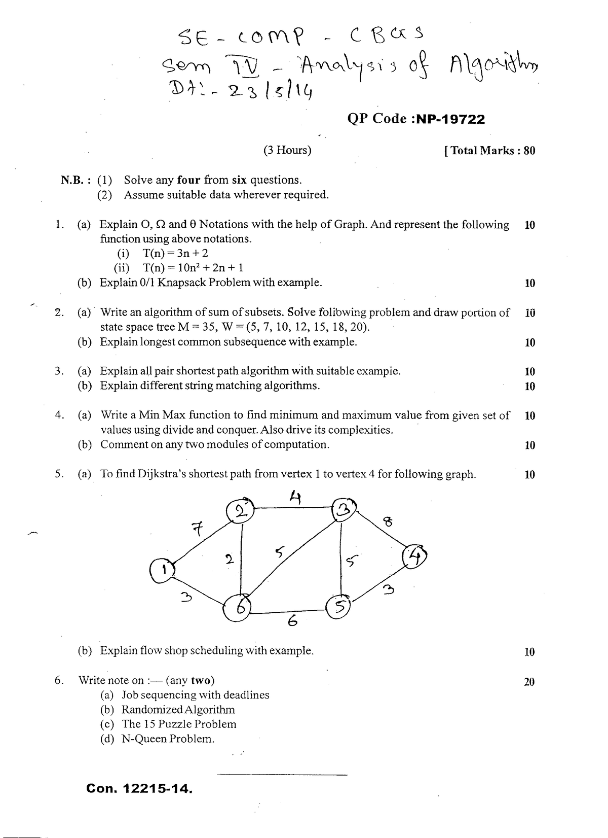 Se Comps Sem4 Aoa May14 Se Comp C B A S Sem Iv Analysis Of Algorithn Dt Qp Code 3 Hours