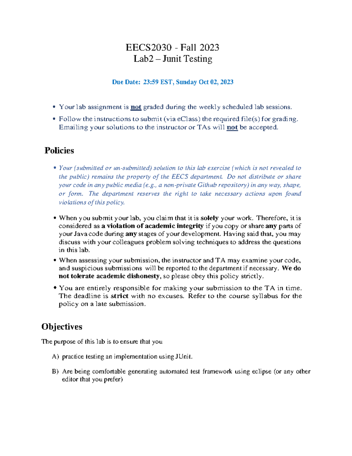 Lab2 Clo2 Eecs 2030 Fall 2023 Lab 2 Junit Testing Due Date 2359 Est Sunday Oct 02
