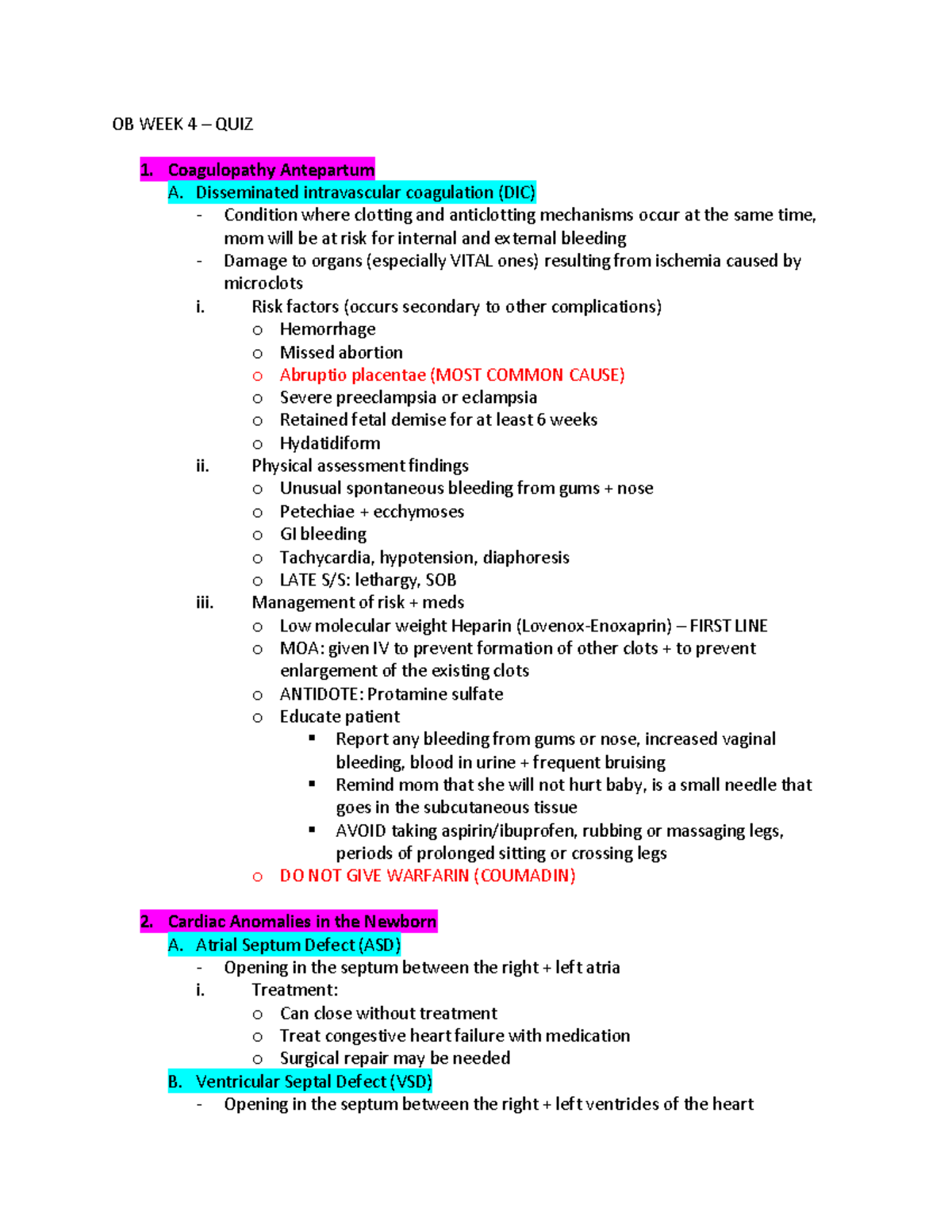 OB WEEK 4 - ob notes - OB WEEK 4 – QUIZ Coagulopathy Antepartum A ...