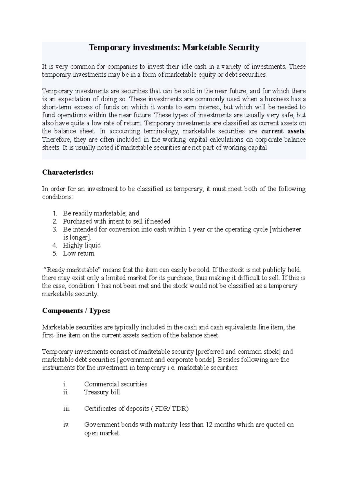 Temporary Investment Journal - Temporary investments: Marketable ...