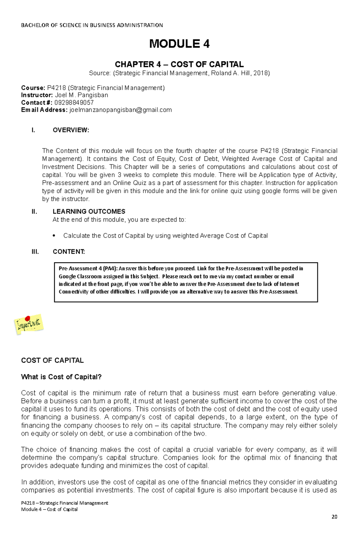 Module 4 - Cost of Capital - MODULE 4 CHAPTER 4 – COST OF CAPITAL Source: (Strategic Financial ...