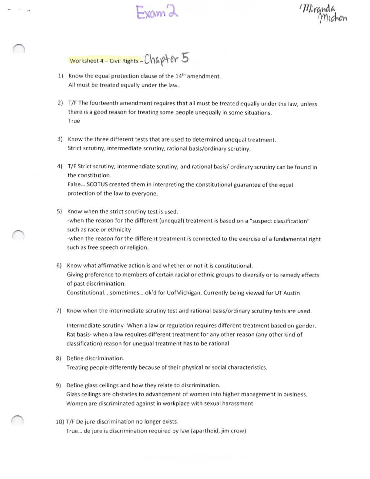 Ch.5 Civil Rights - Exam 2 Miranda Michan Worksheet 4 Civil Rights ...