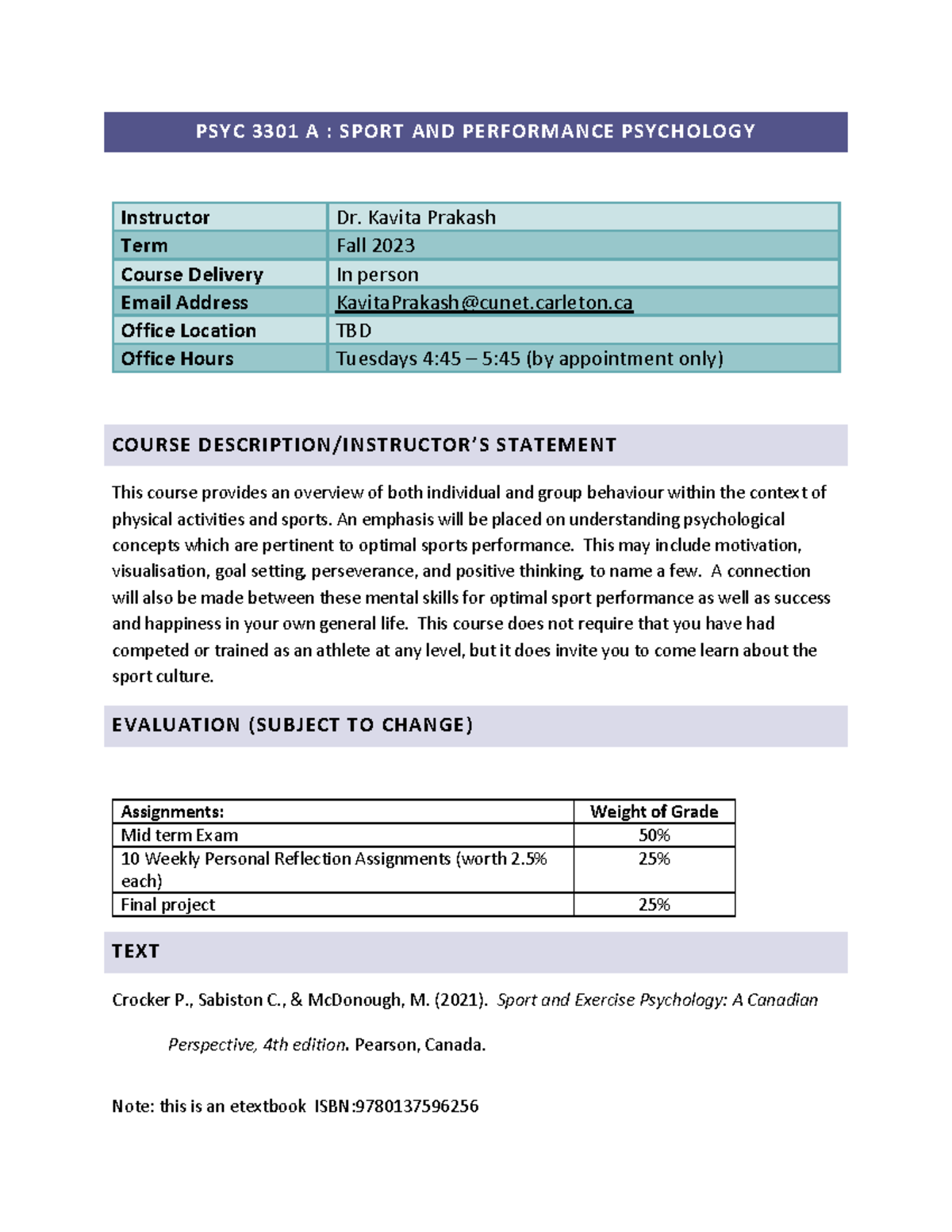 PSYC 3301 A Prakash - Course syllabus - PSYC 3301 A : SPORT AND ...