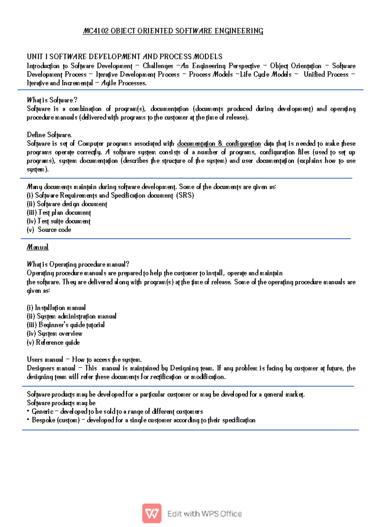 Unit I OOSE 1st Part - MC4102 OBJECT ORIENTED SOFTWARE ENGINEERING UNIT I SOFTWARE DEVELOPMENT ...